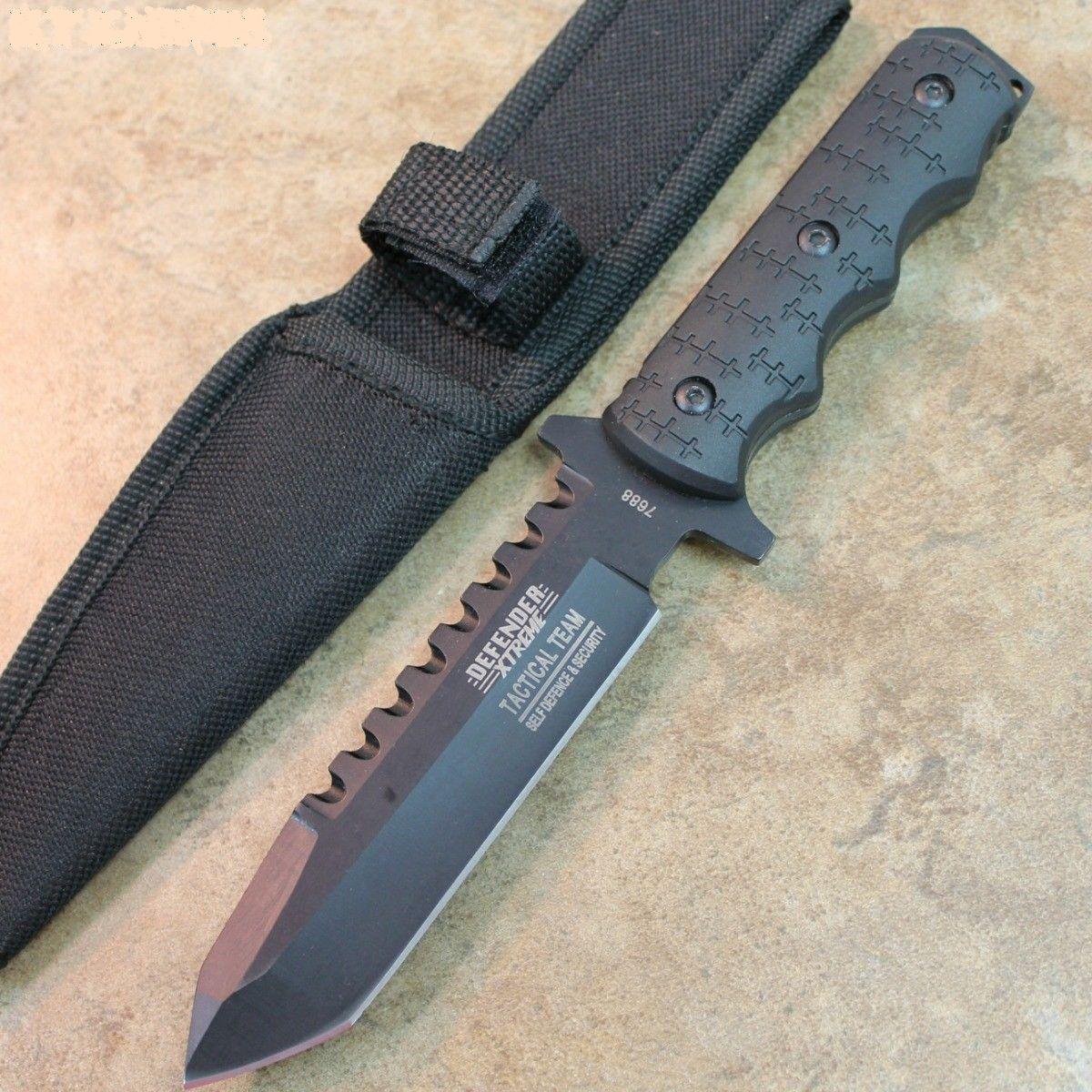 9" DEFENDER XTREME TACTICAL TEAM ALL BLACK SERRATED BLADE HUNTING KNIFE ...