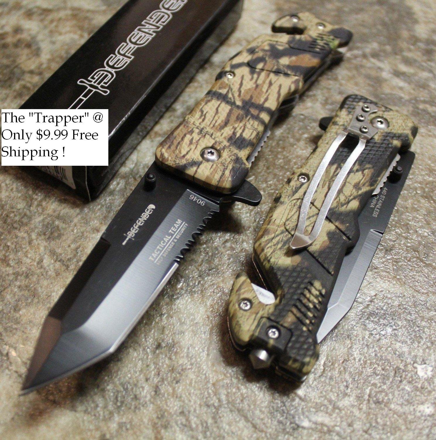 8" Camo Woodland Knife with Glass Breaker and Belt Cutter SKU:9046