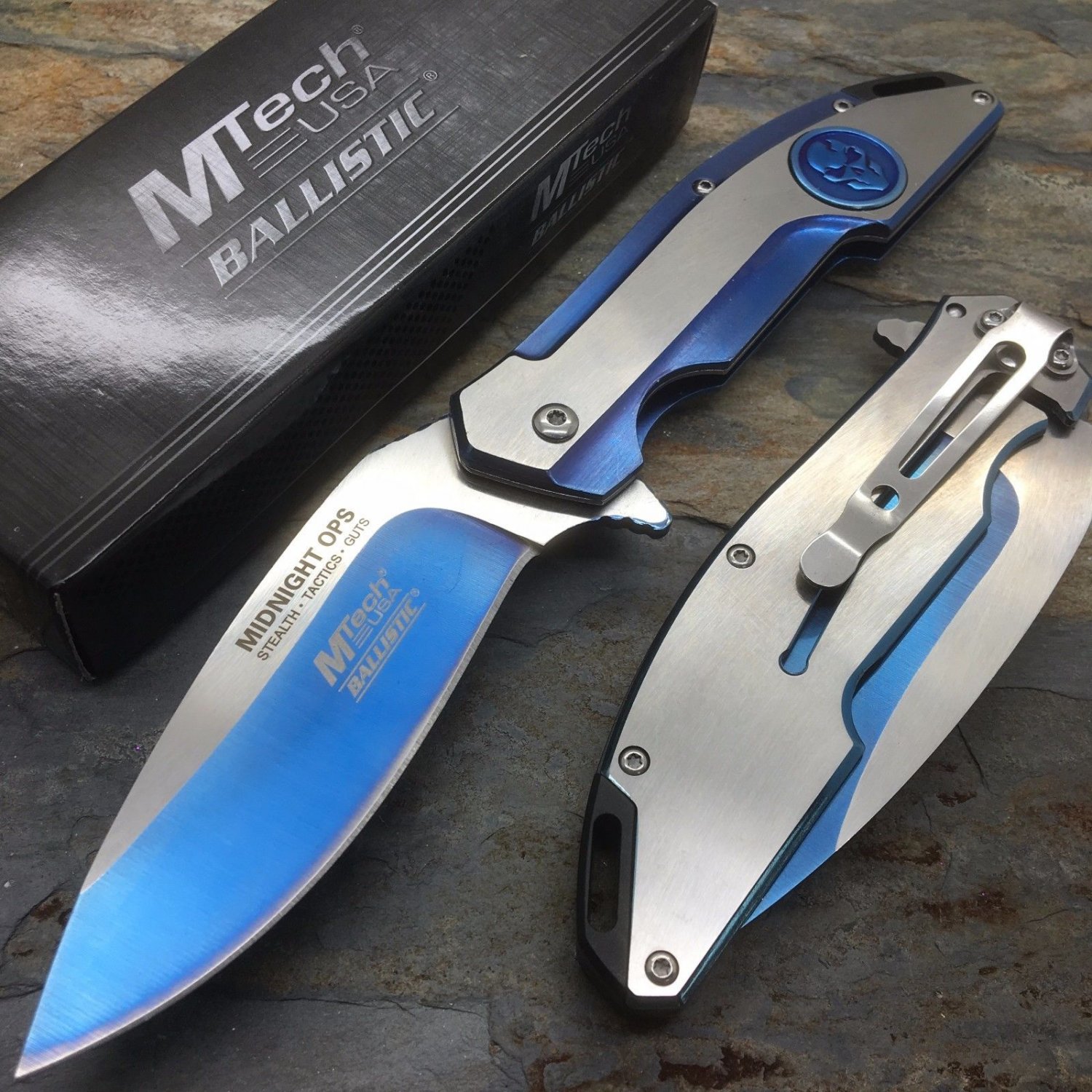MTECH Blue Titanium Coated MIDNIGHT OPS Assisted Straight Folding Knife ...