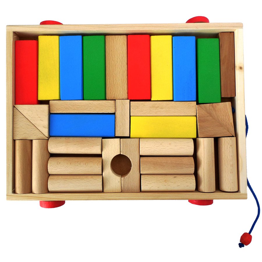 Toy Pull Along Trolley With Wooden Building Blocks 31 Pieces