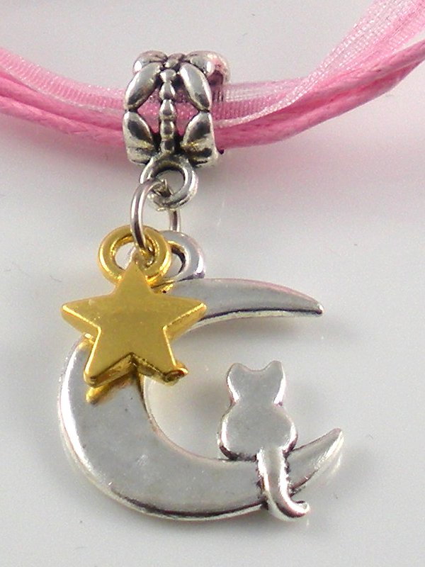 Pink Ribbon Necklace ~ Sailor Moon Luna ~ Cat on a Crescent Moon Gold Star