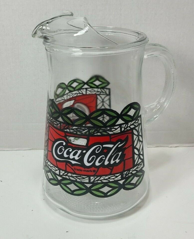 Vintage Coca Cola Pitcher Enjoy Stained Glass Design Red & Green Heavy ...