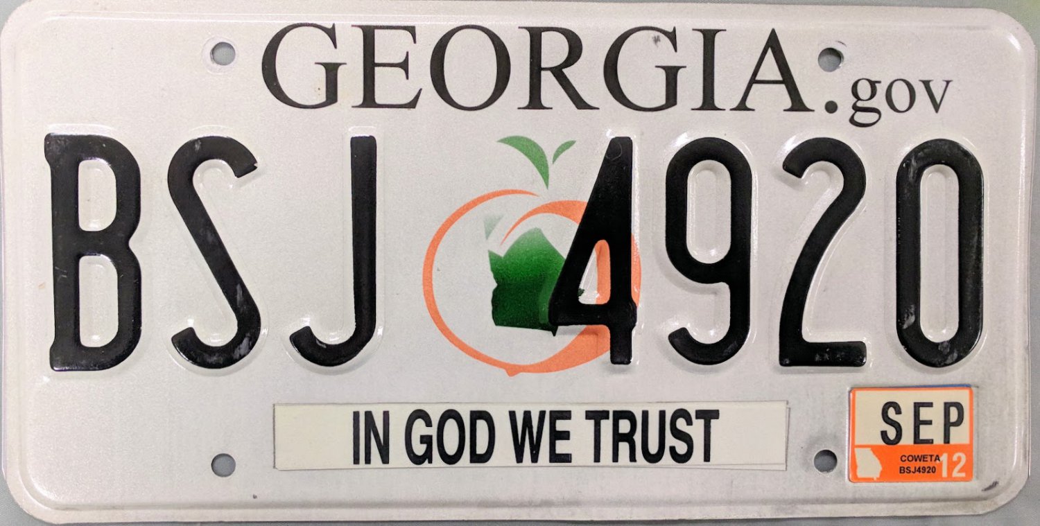 2012 Georgia In God We Trust License Plate (BSJ 4920)