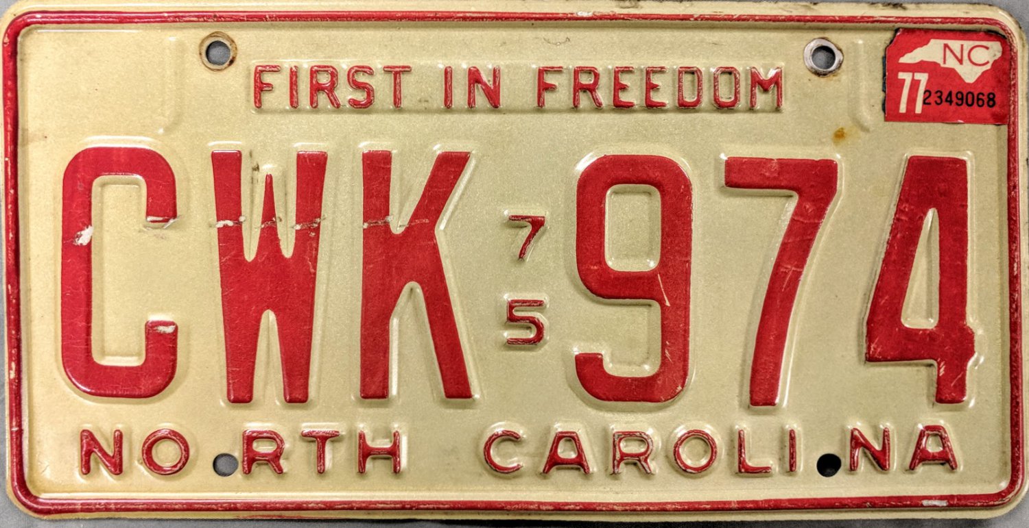 1977 North Carolina License Plate (CWK 974)