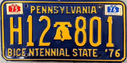 1976 Pennsylvania Bicentennial License Plate with 75 sticker (H12 801)