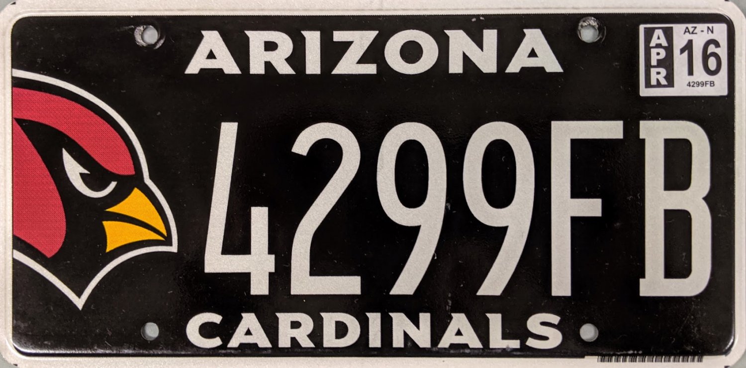 2016 Arizona Cardinals License Plate (4299FB)