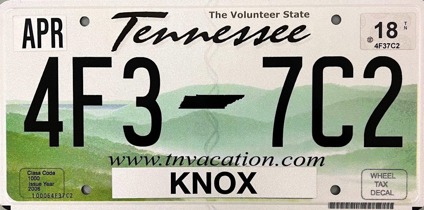 2018 Tennessee License Plate (4F3 - 7C2)