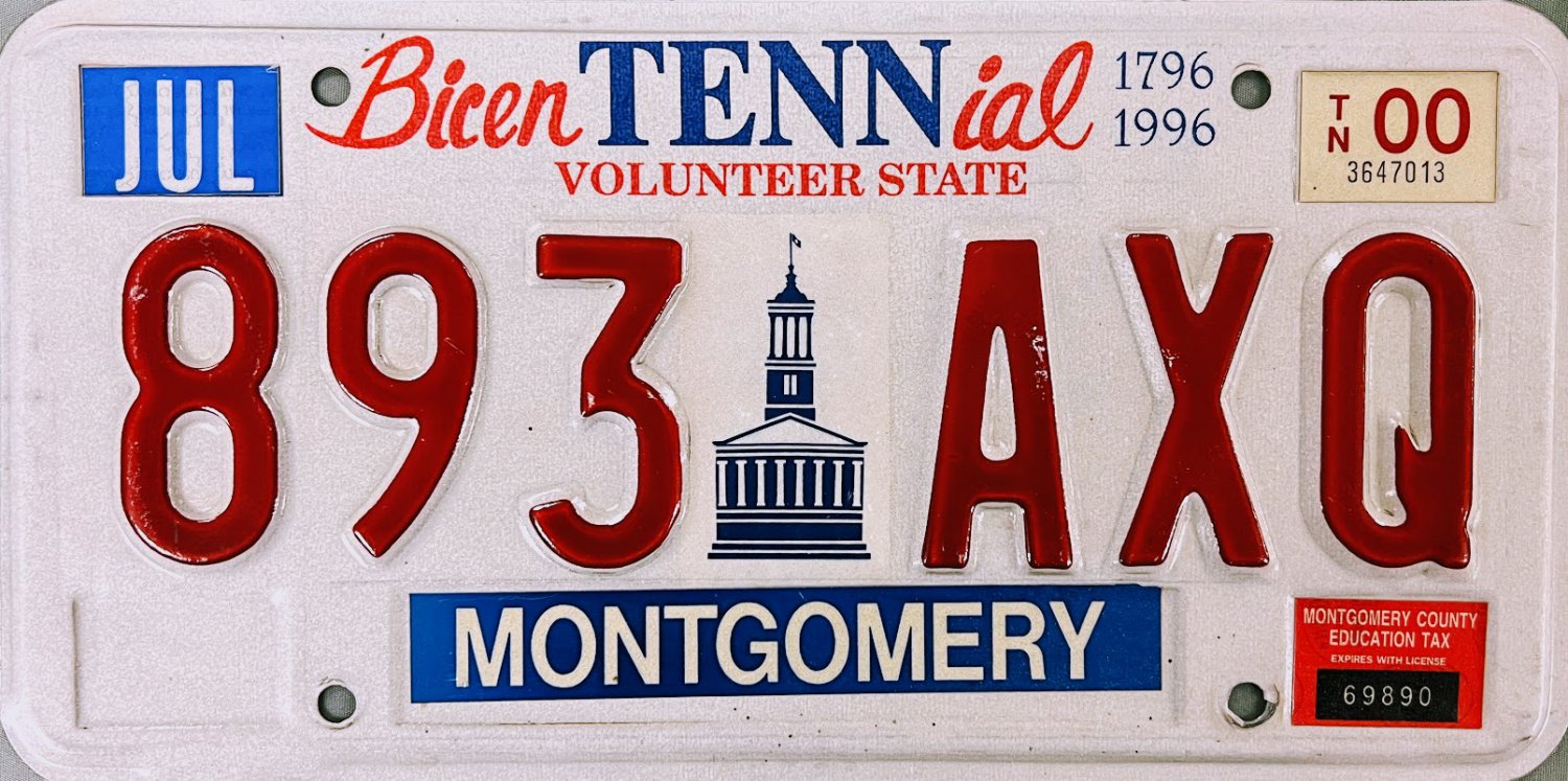 2000 Tennessee BicenTENNial License Plate (893 AXQ)