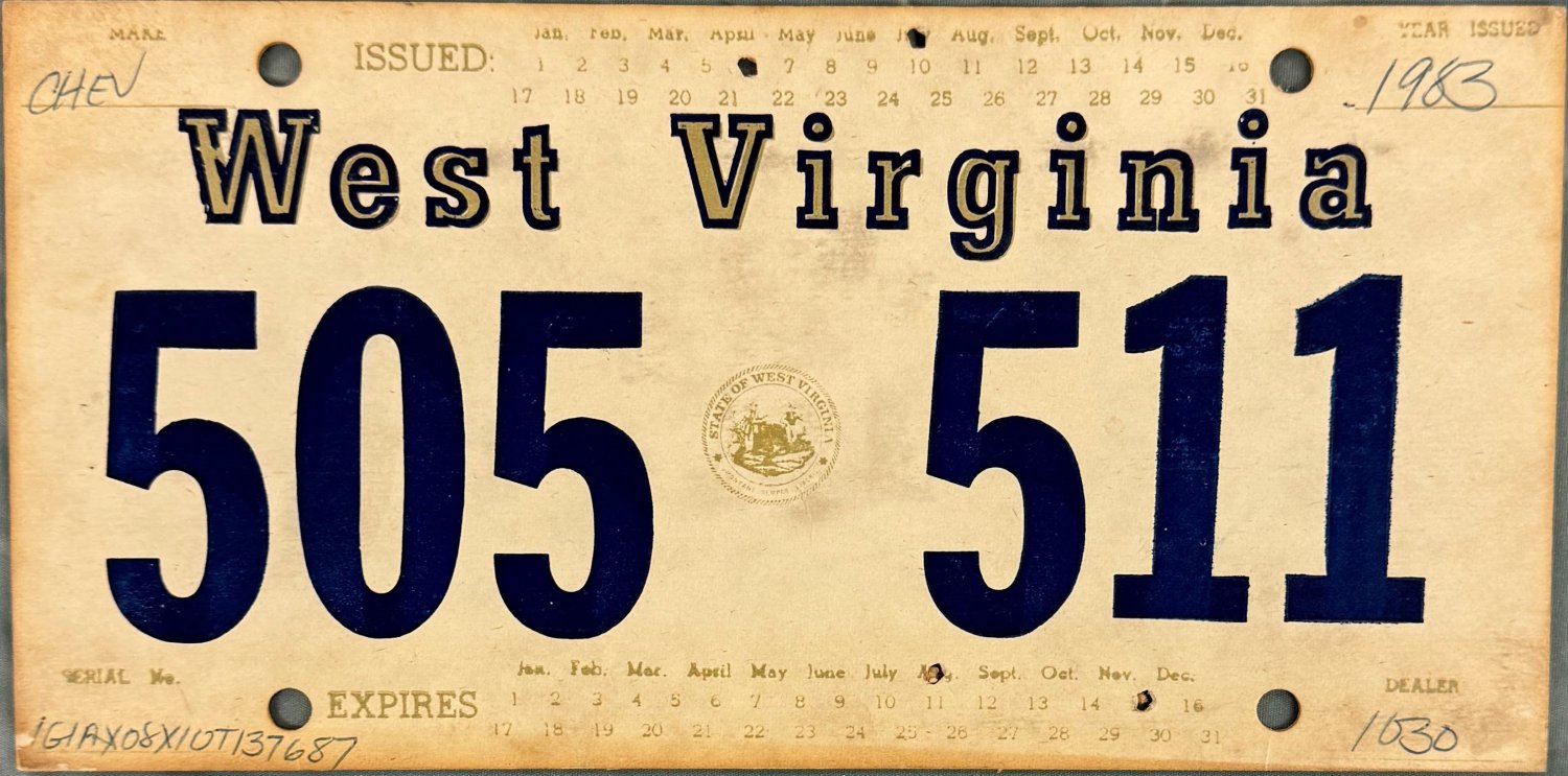 1983 West Virginia Temporary License Plate (505 511)
