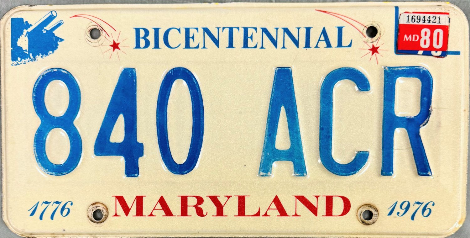 1976 Maryland Bicentennial License Plate with 1980 Sticker (840 ACR)