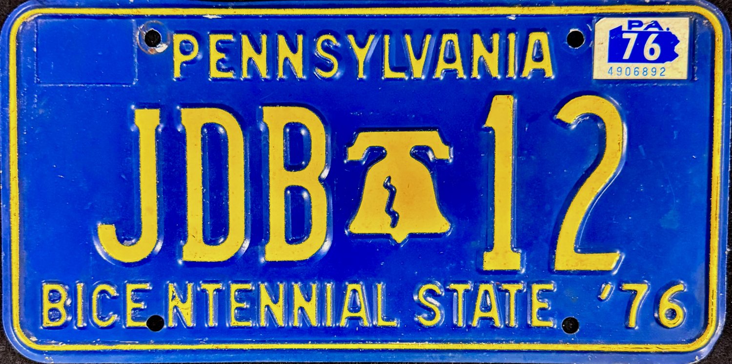 1976 Pennsylvania Bicentennial Vanity License Plate (JDB 12)