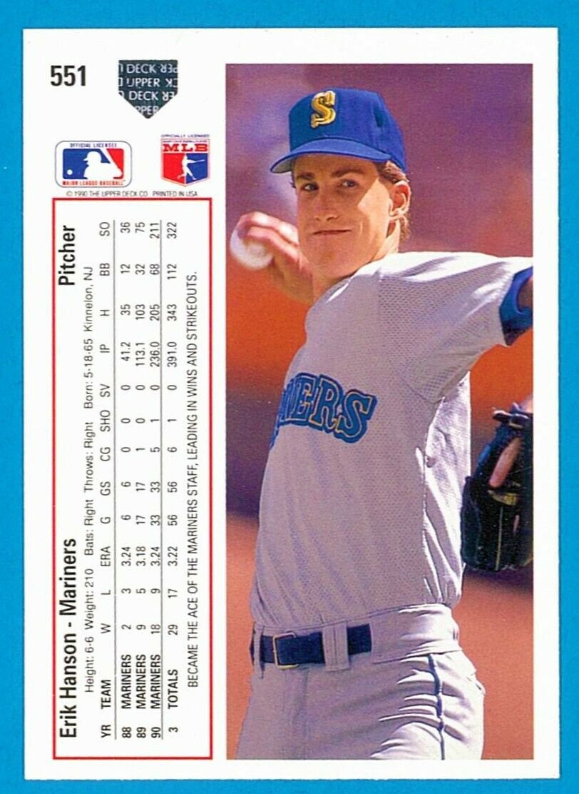 1991 Upper Deck Baseball - Erik Hanson - Card #551 - Seattle Mariners - NM
