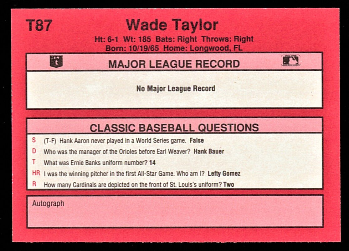 WADE TAYLOR - 1991 Classic II Baseball- #T87 - Red Border NEW YORK YANKEES