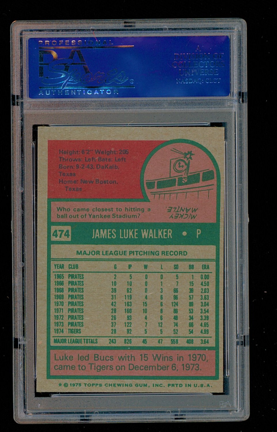 LUKE WALKER - 1975 TOPPS BASEBALL - #474 - DETROIT TIGERS PSA 8 (OC ...