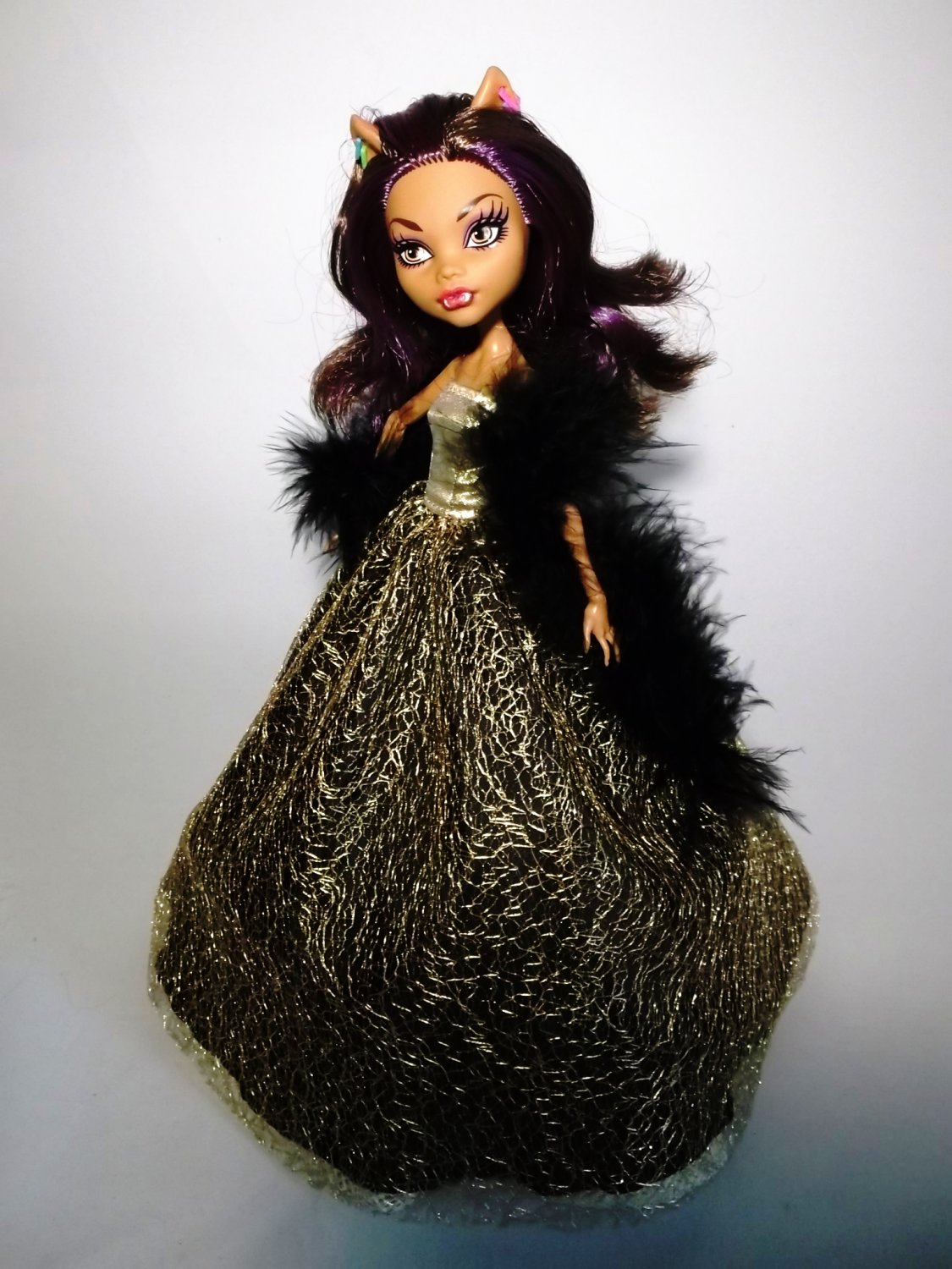 Handmade Monster High Dress Gown Black Gold mesh with Boa