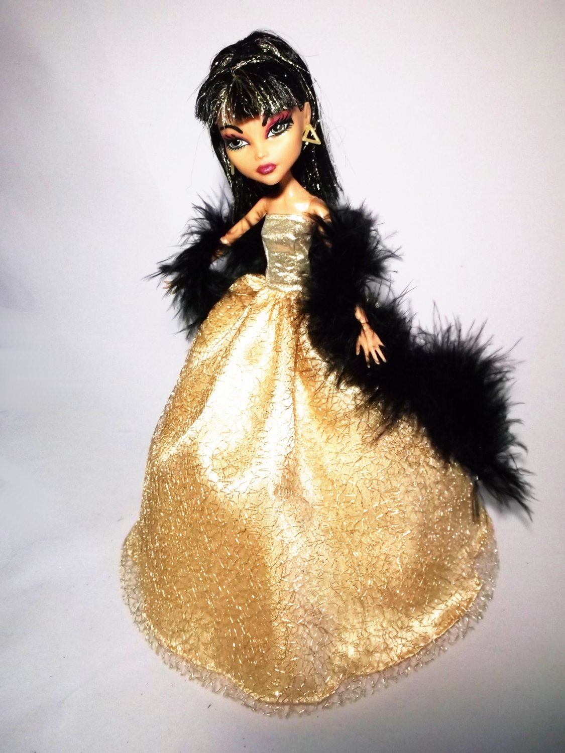 Handmade Monster High Dress Gown Gold mesh with Boa
