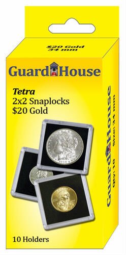 Guardhouse Tetra Snaplock Coin Holders, 20 Dollar Gold, 2x2, 10 pack