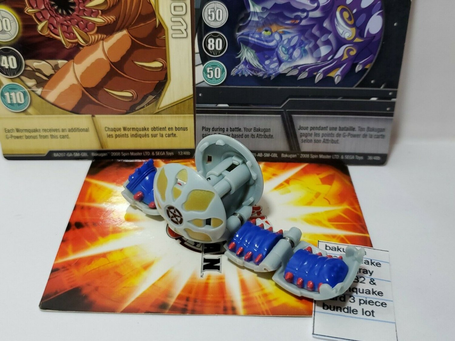 bakugan wormquake 500g gray haos B2 & wormquake card 3 piece bundle lot