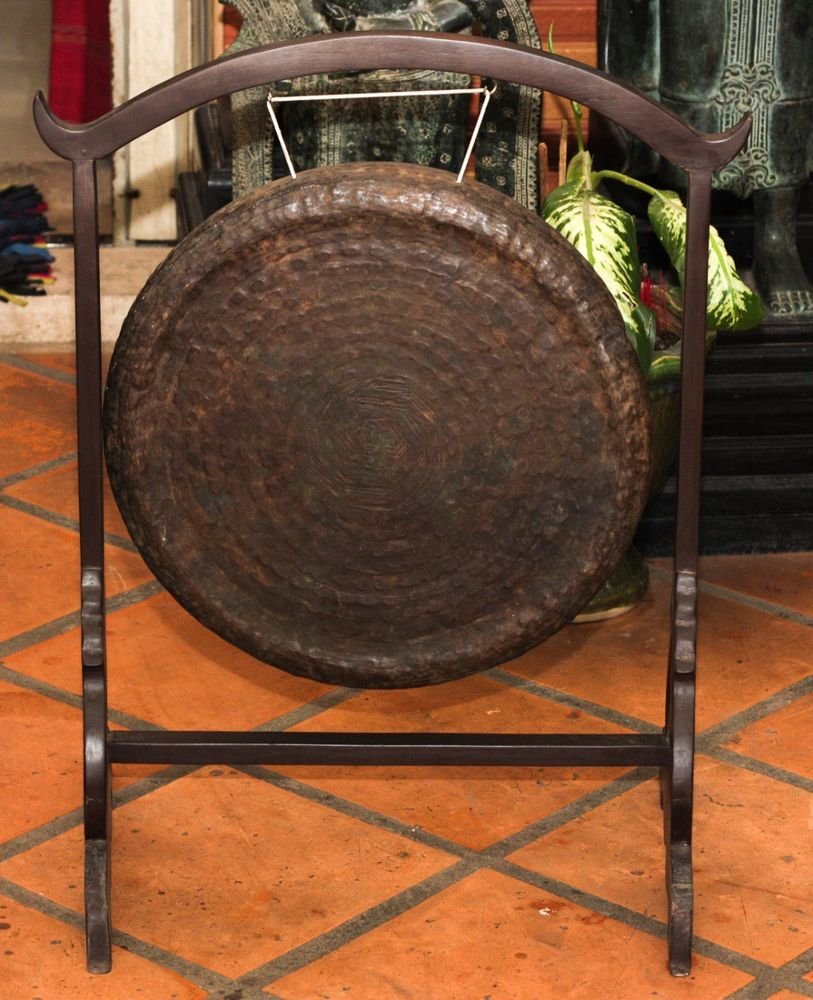 Large Asian Cambodian Khmer Wooden Standing Gong #O1