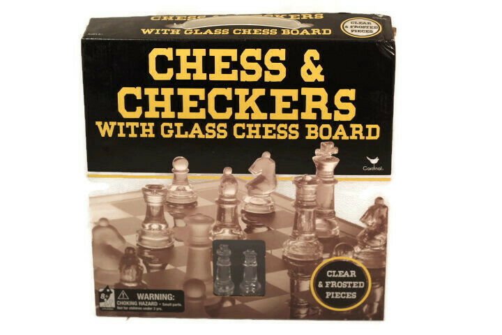 Chess & Checkers With Glass Chess Board Clear & Frosted Pieces