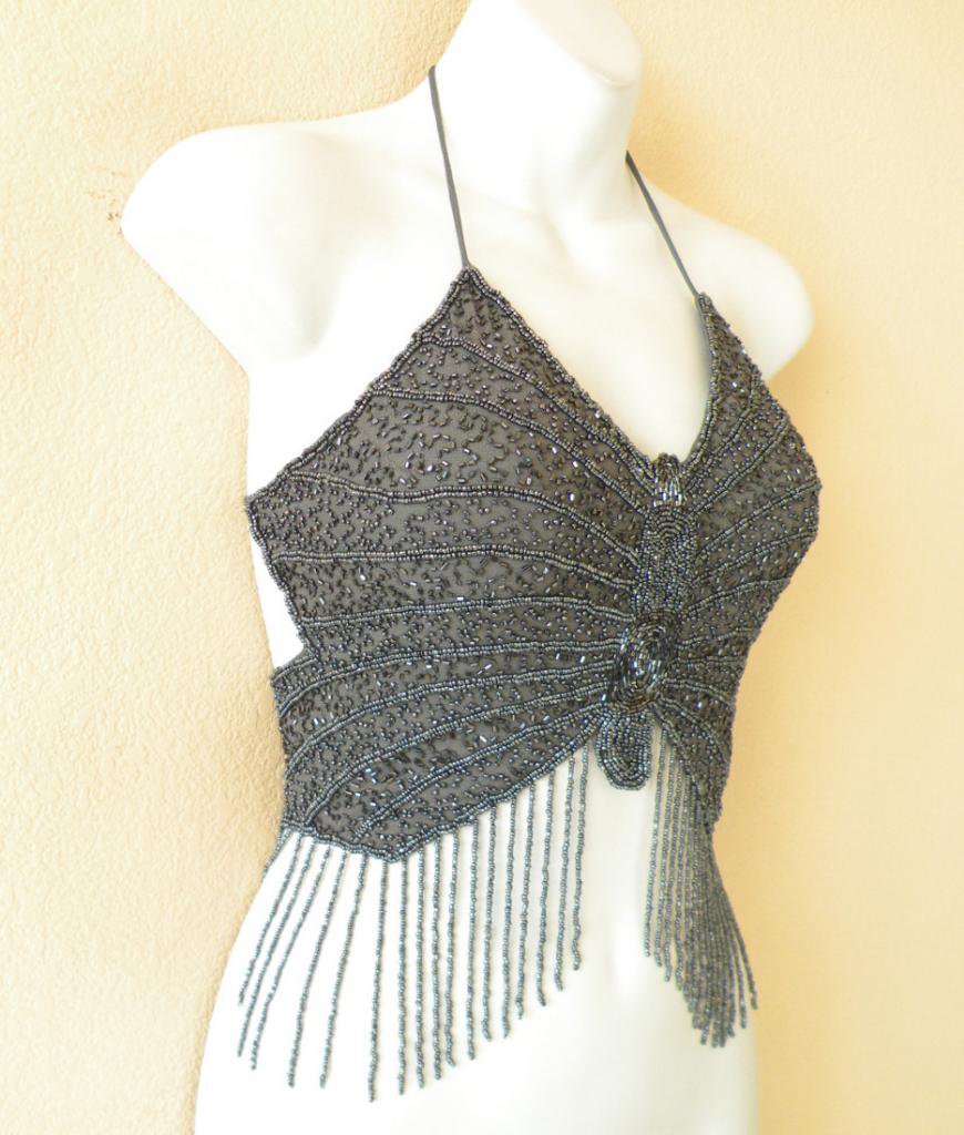 Gray Clubbing Bohemian Heavily Embroidered Formal Blouse Sexy Beaded