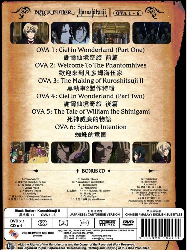 DVD ANIME BLACK BUTLER Kuroshitsuji II OVA 1-6 English Sub Region All