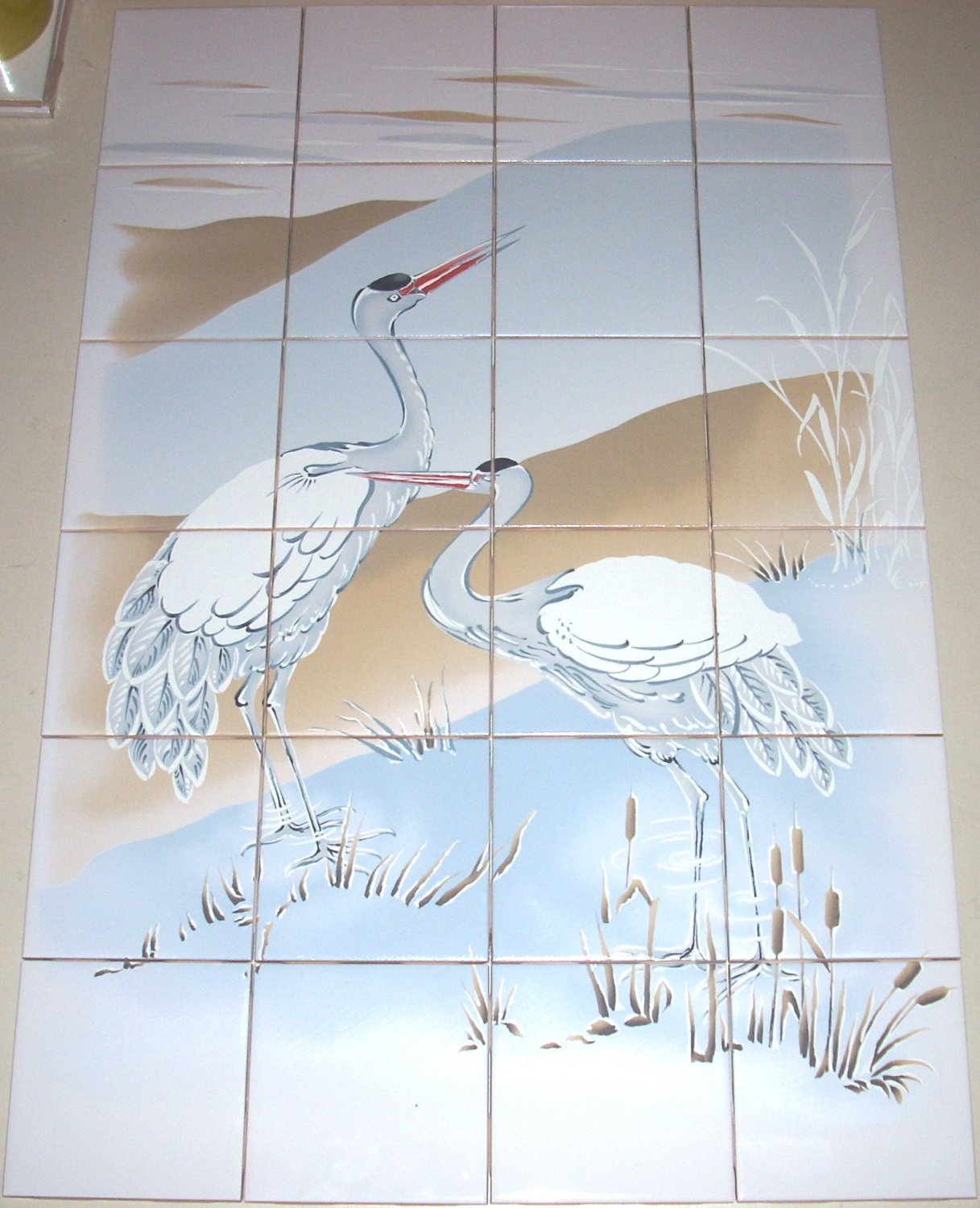 White Heron Bird Ceramic Tile Mural 24 pcs 4.25" Kiln Fired Back Splash