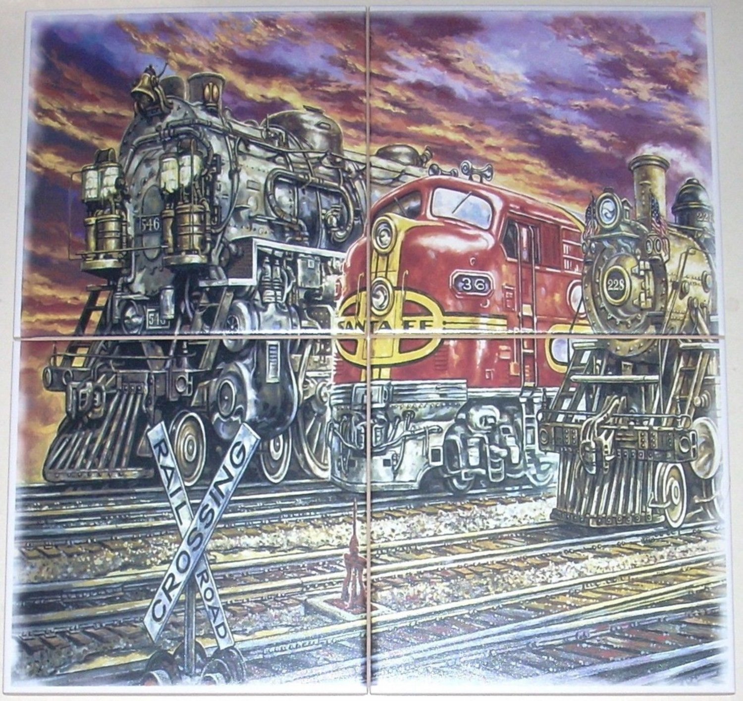 Closeout TRAIN 036 LOCOMOTIVE CERAMIC TILE MURAL 4 of 6" X 6" KILN ...
