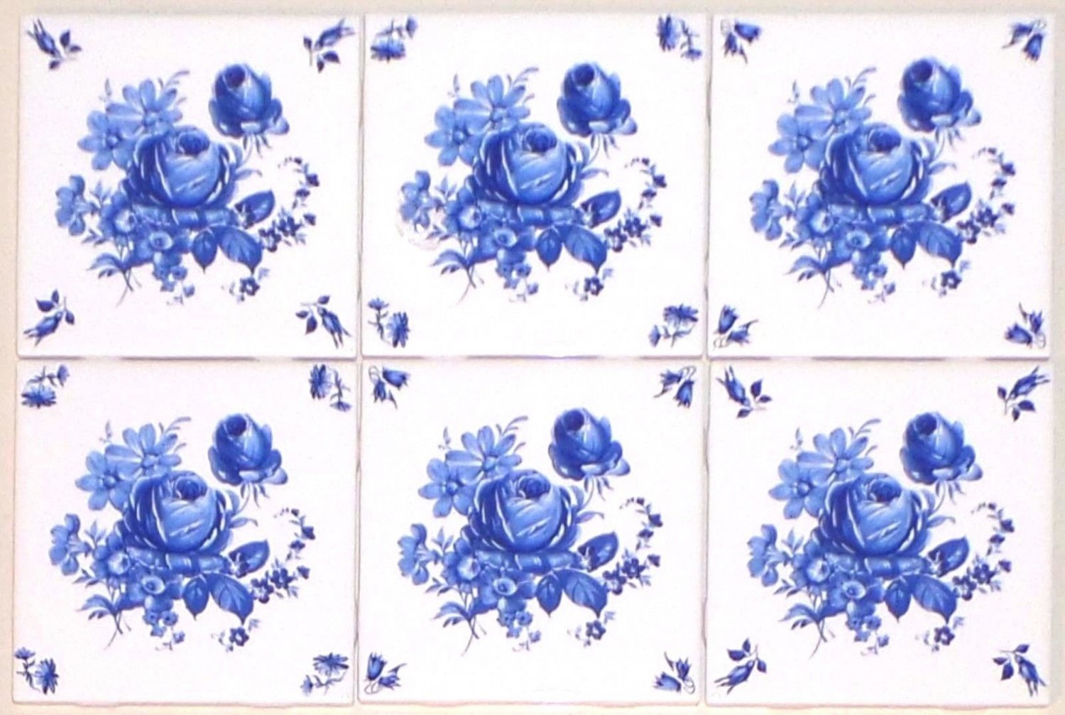 Blue Ceramic Rose Tiles Set of 6 /4.25"Blue Delft Design with Corners ...