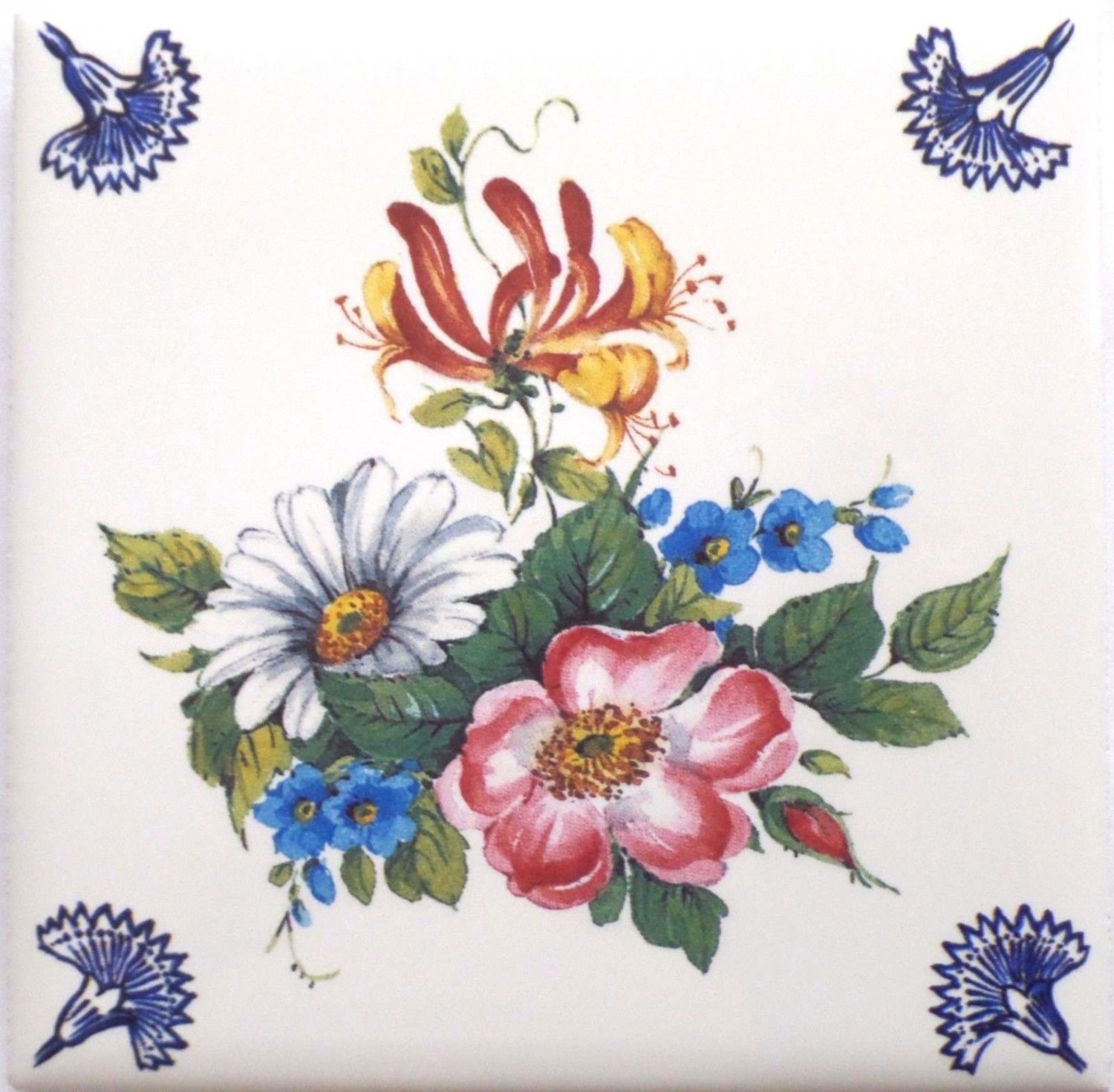 Delft Design Flower with Blue Flower Corners Ceramic Tile 4.25" x 4.25 ...