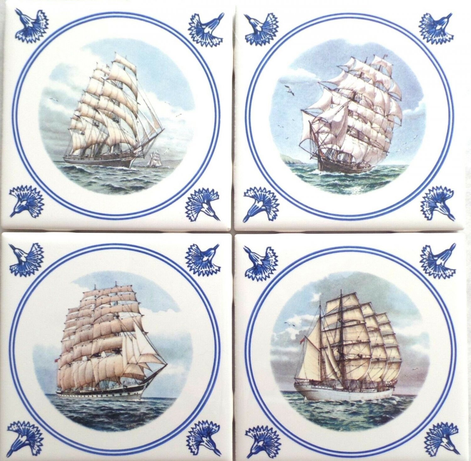 Nautical Ceramic Tile Set /4 kilnfired 4.25" x 4.25" Sailing Ships ...