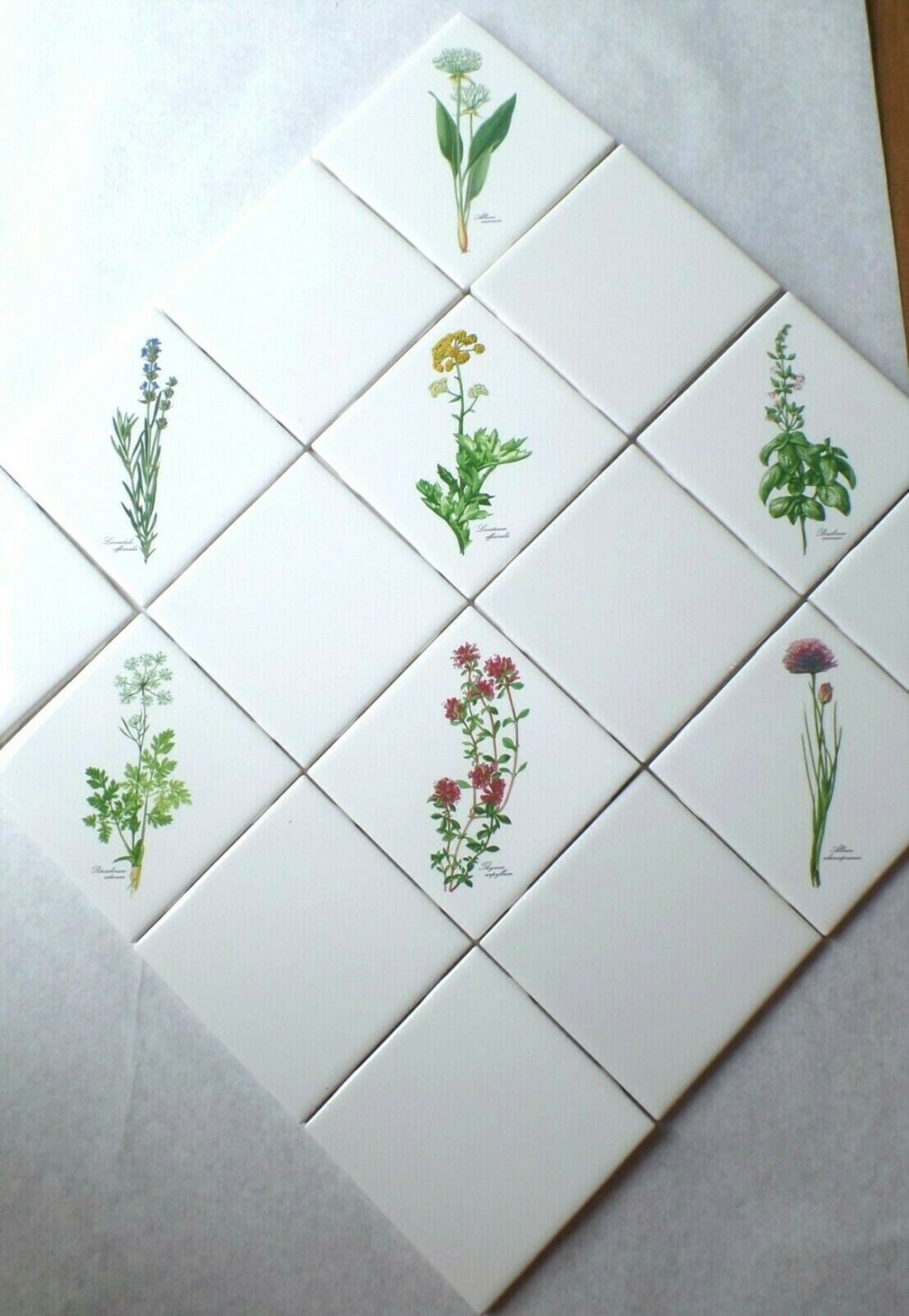 Diagonal Design Botanical Herb Ceramic Tiles set of 7 Kiln Fired 4.25 ...