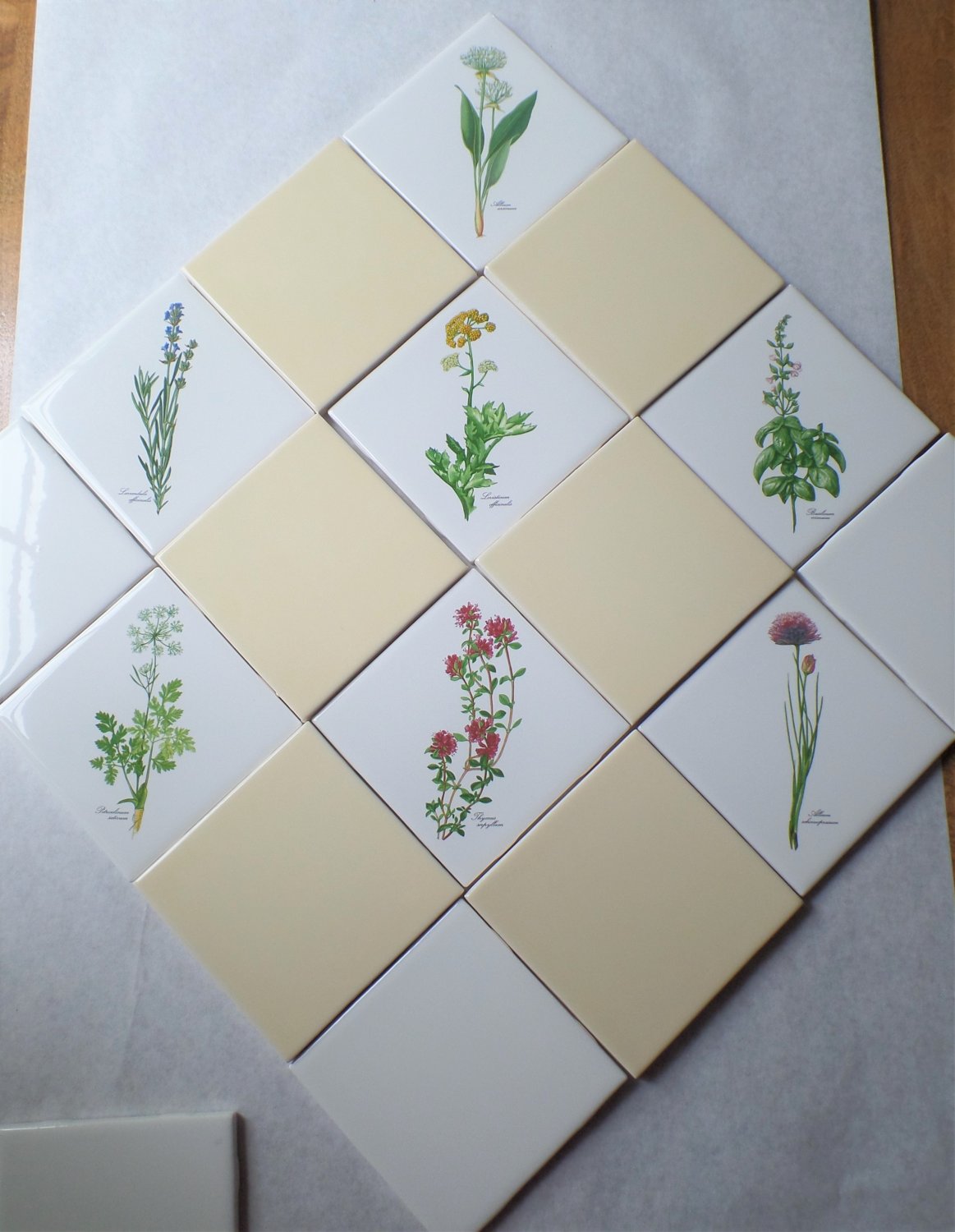 Diagonal Design Botanical Herb Ceramic Tiles set of 7 Kiln Fired 4.25 ...