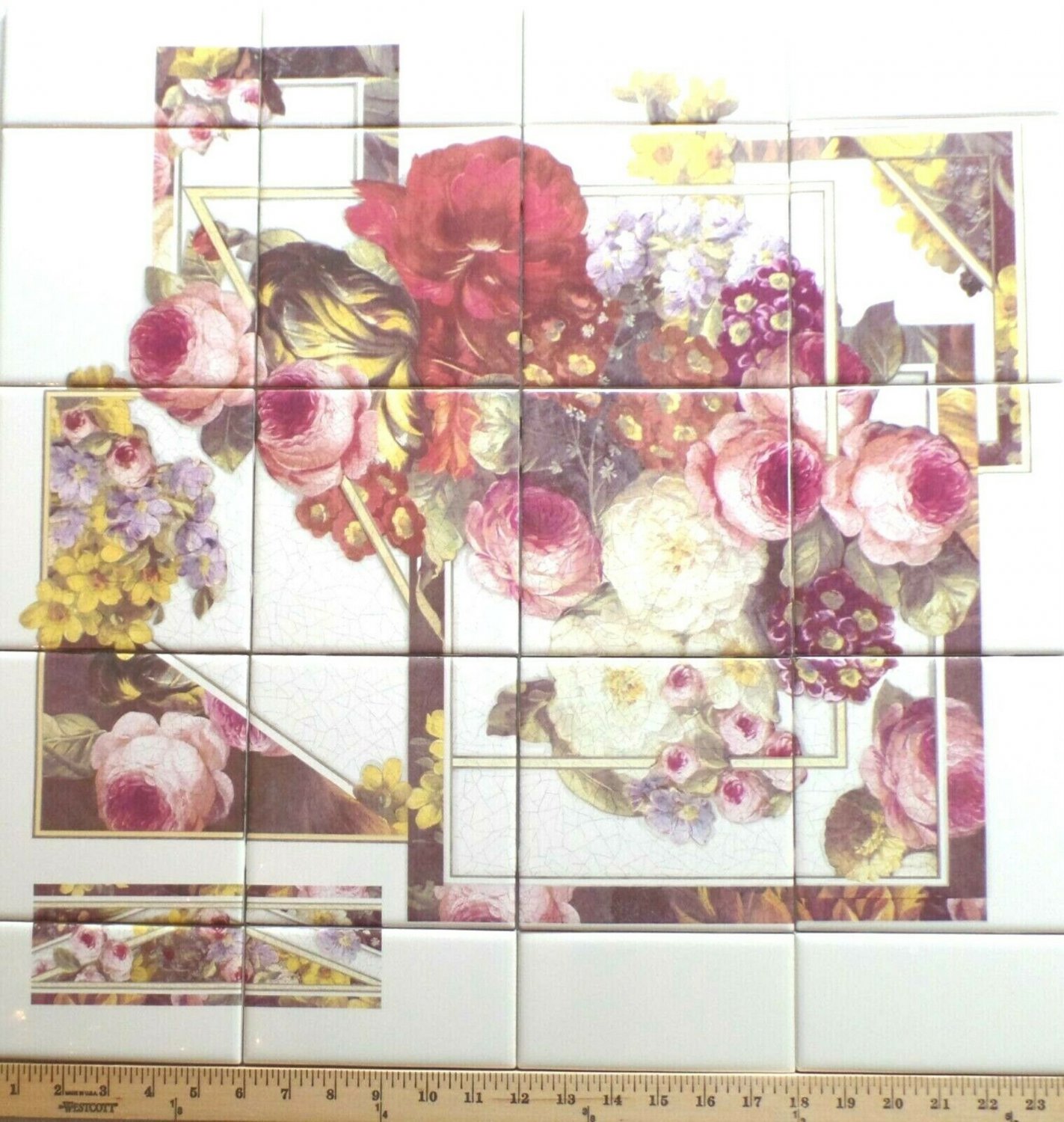 FLORAL Roses Ceramic Tile Mural 24" x 24" Beautiful Large 12 Tiles