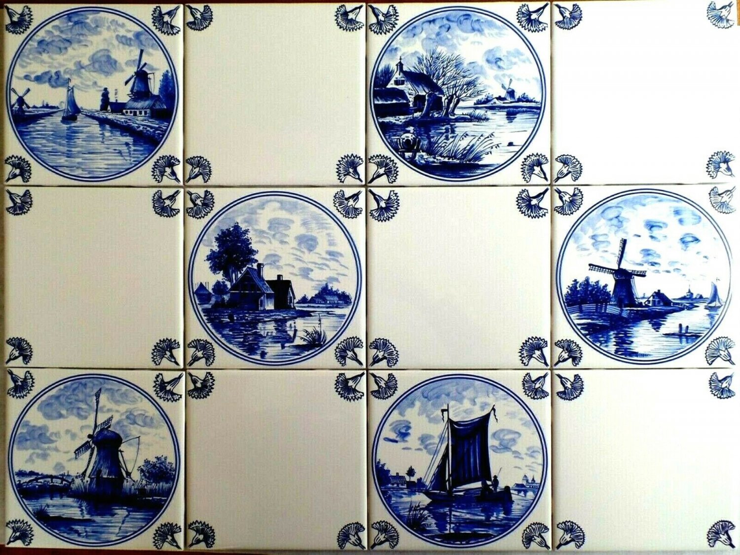 Delft Design Tiles Nautical Floret Blue 6" x 6" set / 12 tiles Kiln Fired.