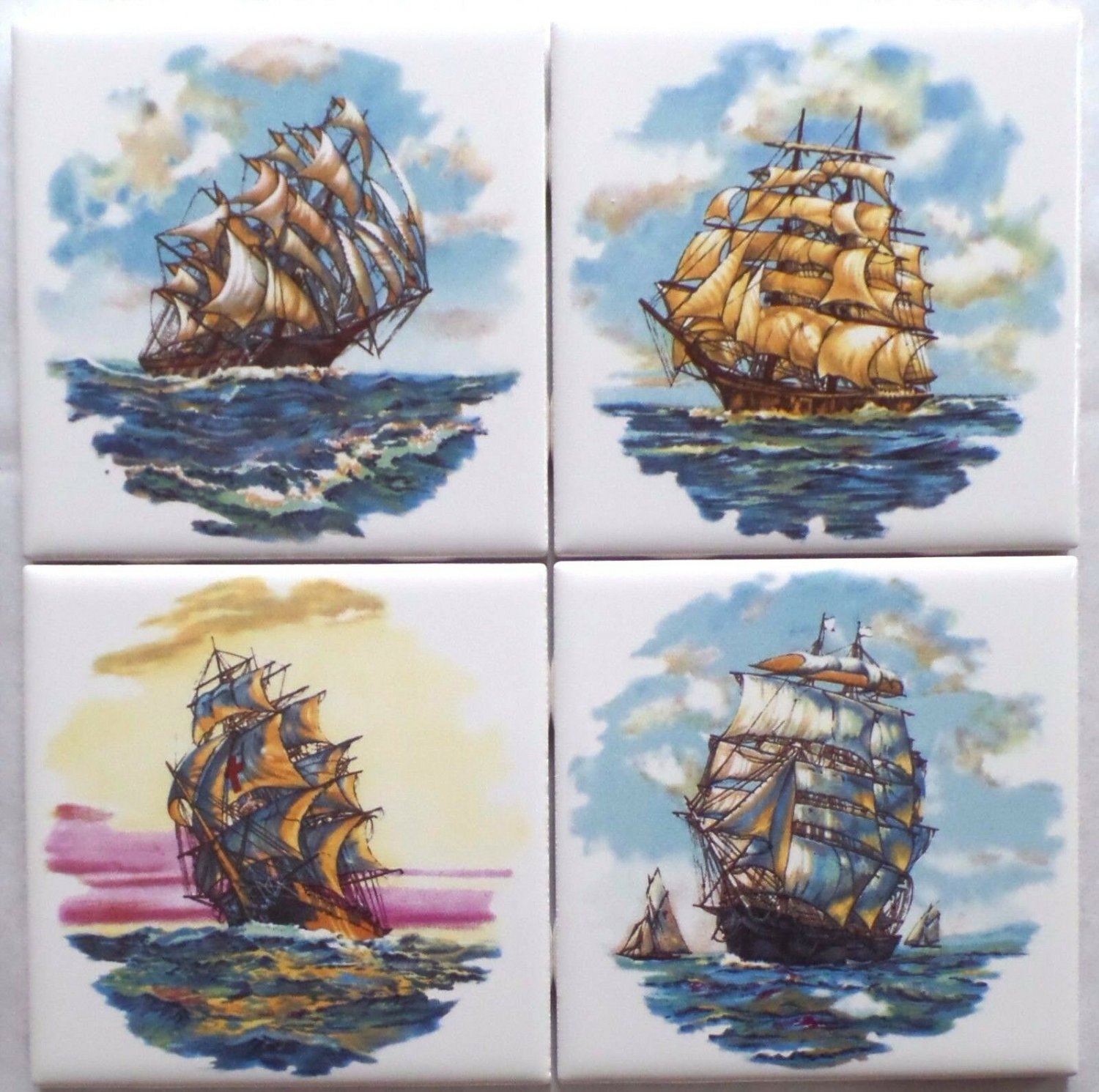 Sailing Ships Nautical Ceramic Tile Set of 4 kiln fired 4.25" x 4.25" Ship
