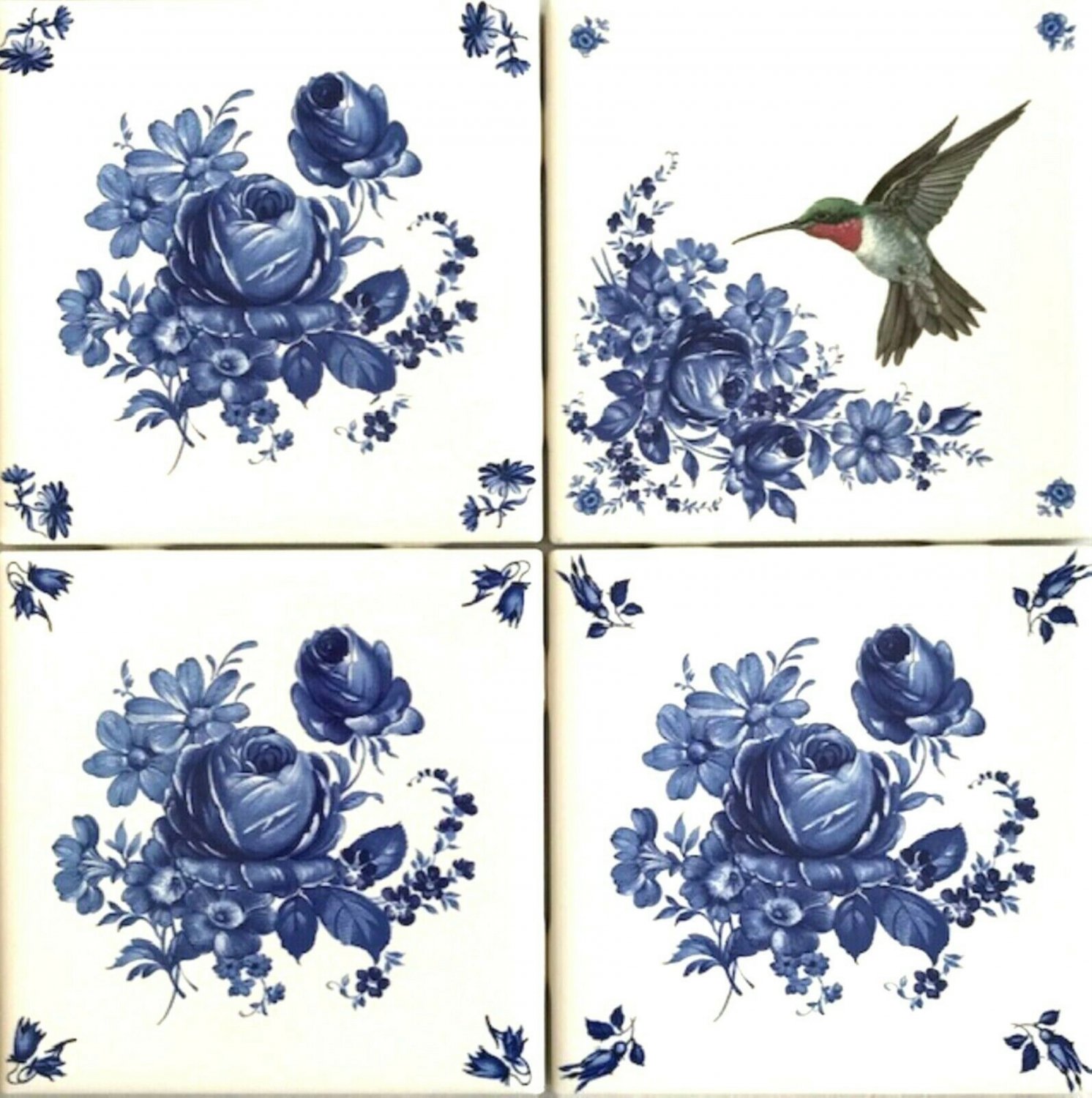 Blue Delft Rose with Hummingbird 4.25" x 4.25" Kiln Fired Delft Design ...