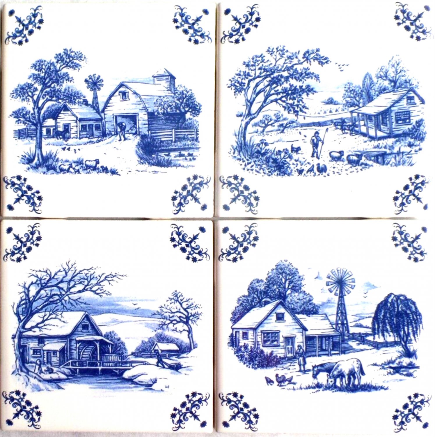Farm Country Scenes Delft Design Ceramic Tile Blue 4.25" x 4.25 Kiln fired