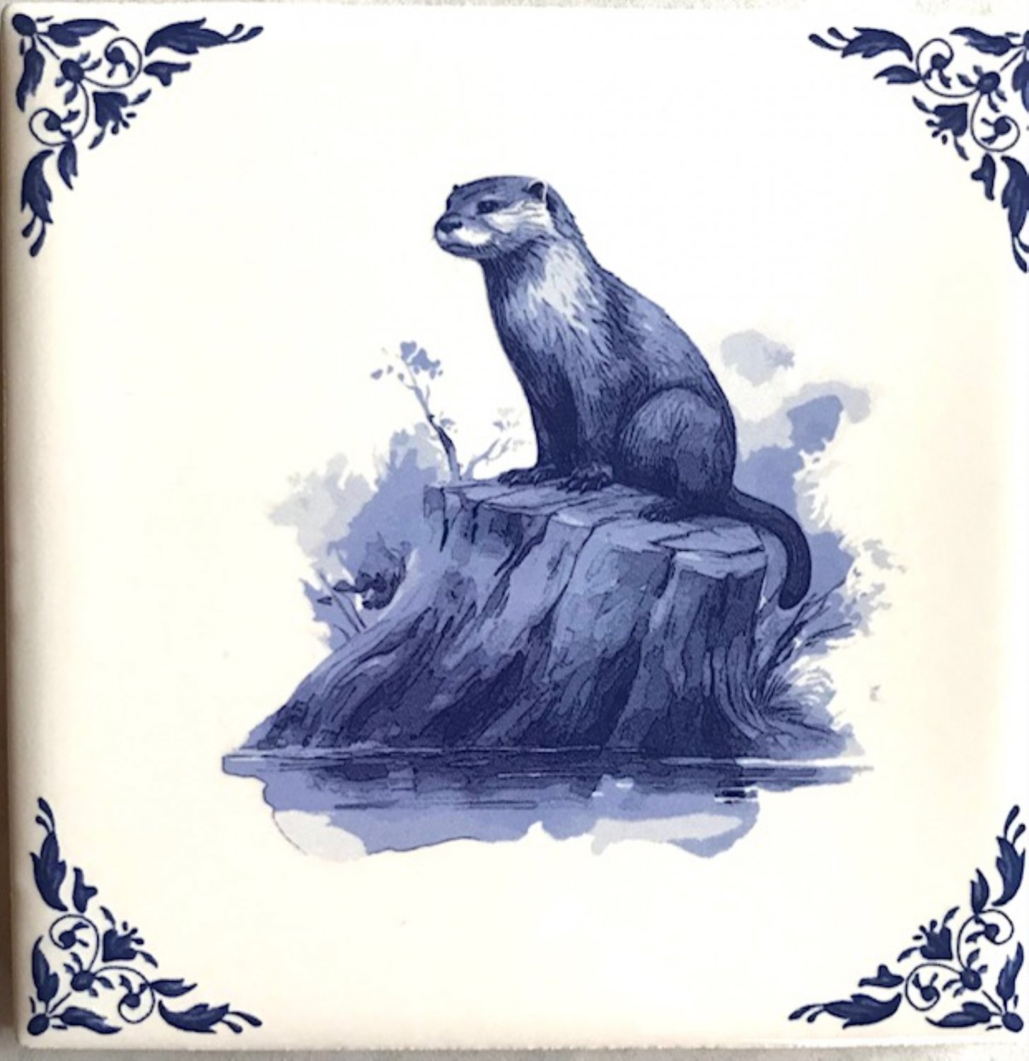 Blue Delft Design River Otter Ceramic Tile 4.25" x 4.25"