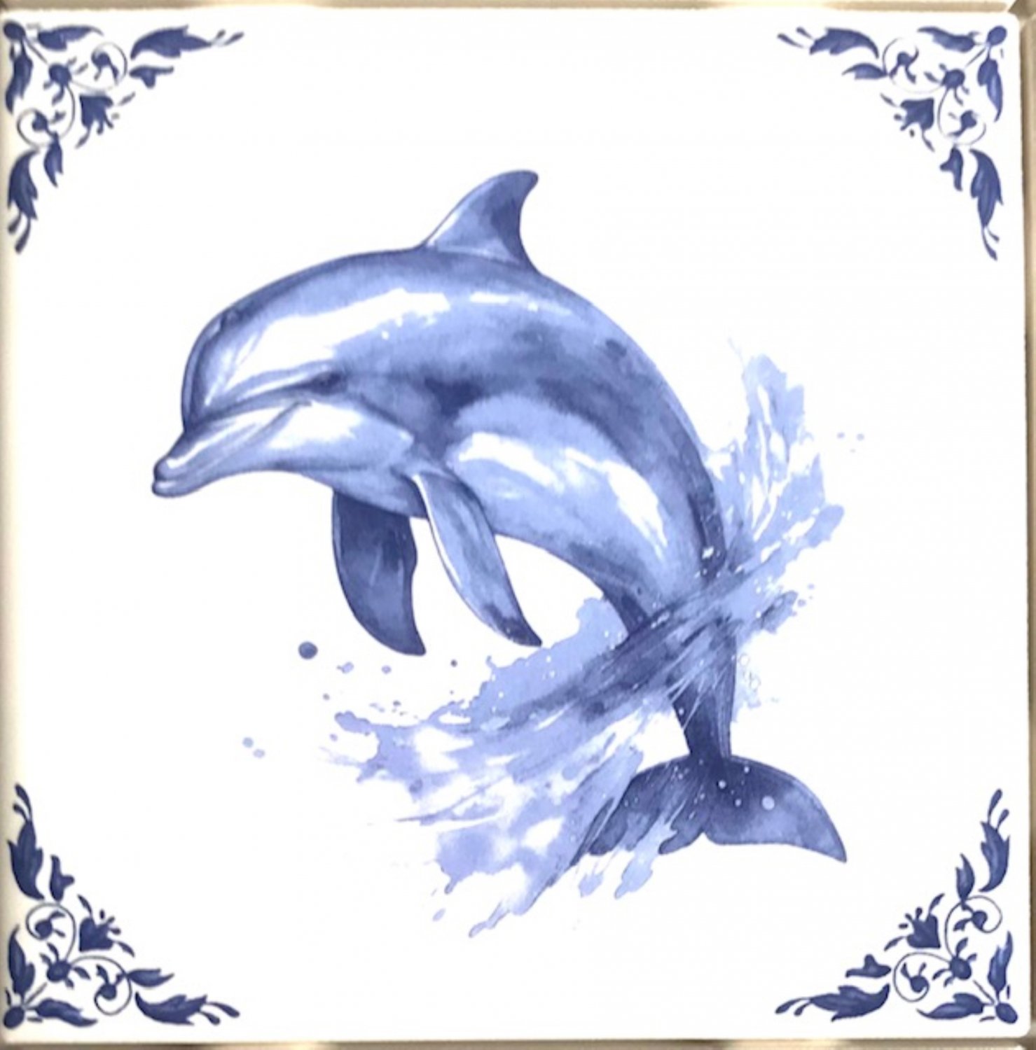 Dolphin Fish Blue Delft Design Tile 4.25" x 4.25" Kiln Fired Mottola's ...