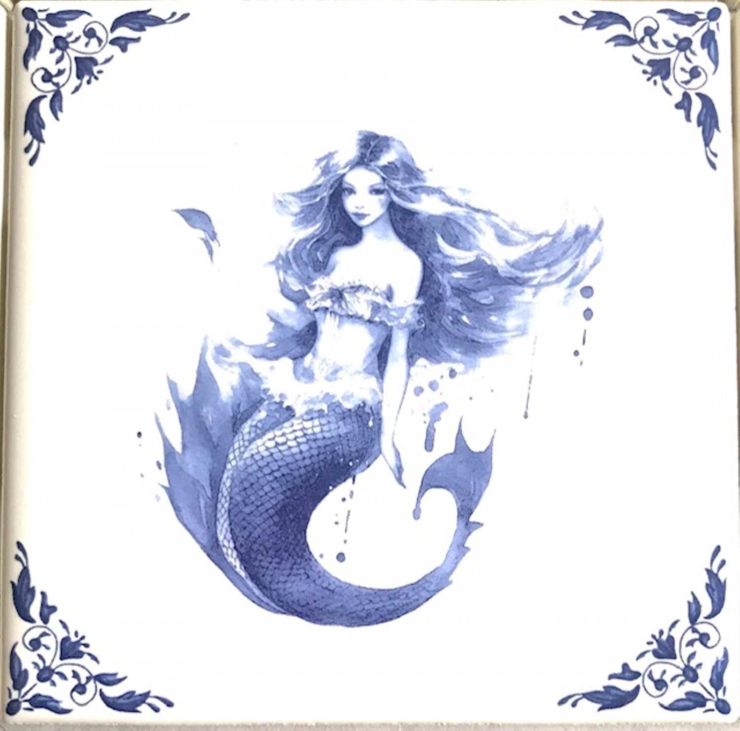 Mermaid Blue Delft Design Tile 4.25" x 4.25" Kiln Fired Mottola's Nautical