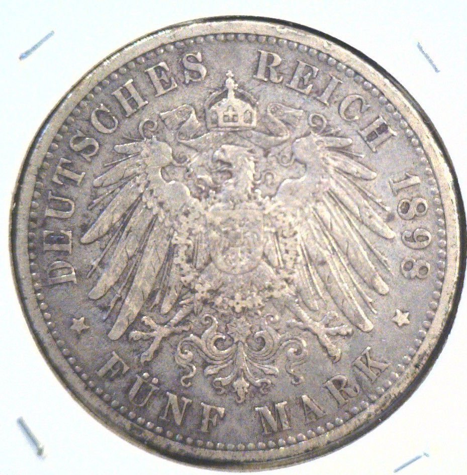 1898 A Prussia 5 mark silver coin KM#523 Funf mark .8937 ASW German States