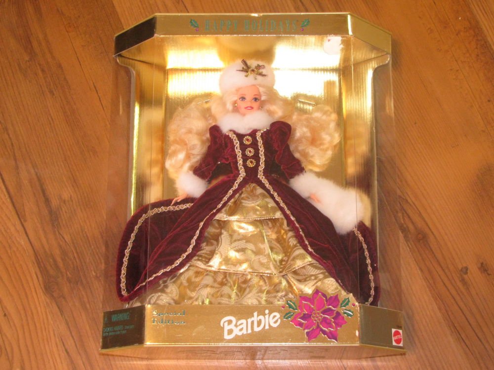 New 1996 Happy Holidays Special Edition Barbie Doll - Burgandy & Gold Dress