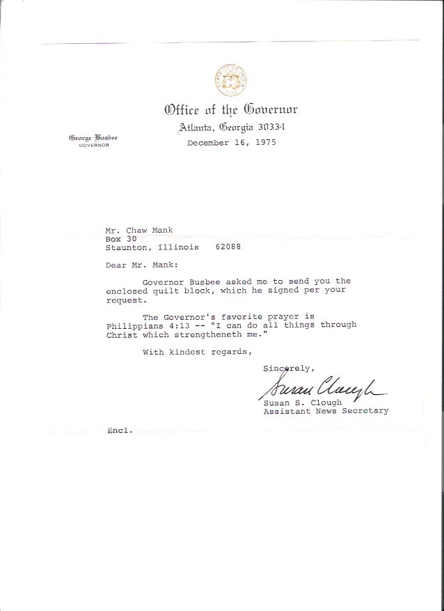 George Busbee Georgia Governor 1975 Autographed Cloth Square Susan ...