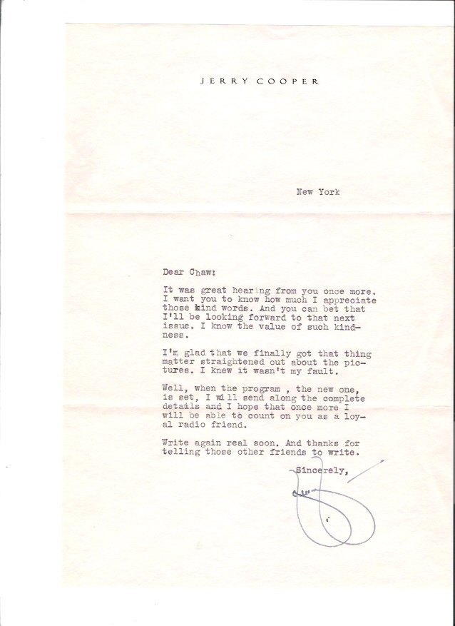 Jerry Cooper Vintage NBC Radio Movie Actor 1939 Autographed Letter in ...