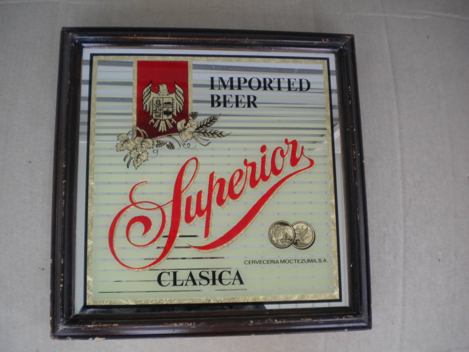 Vintage Superior Clasica Imported Beer Bar Mirror Sign in Wood Frame