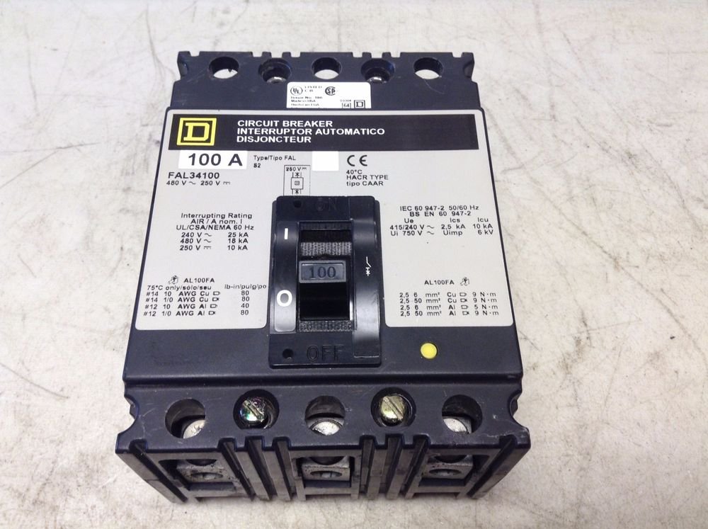 Square D FAL34100 100 Amp 3 Pole Circuit Breaker 480 VAC 250 VDC FAL FAL34