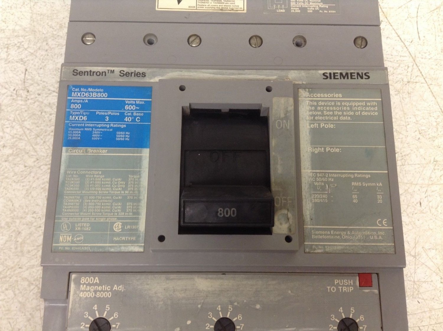 Siemens MXD63B800 800 Amp 600 V Circuit Breaker MXD63 B800 MXD63B MXD6