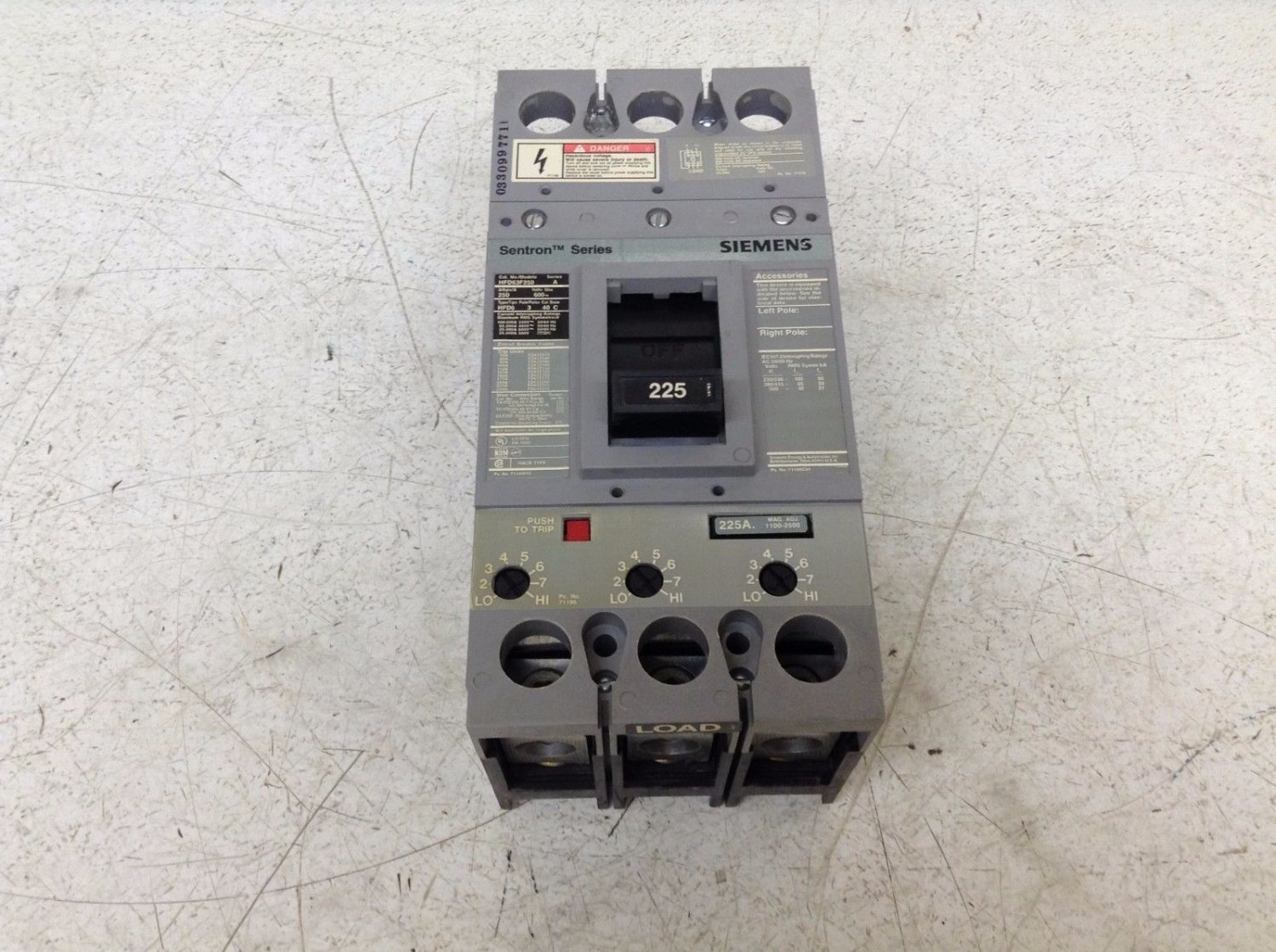 Siemens HFD63F250 250 Amp 600 VAC 3 Pole Circuit Breaker 225 Amp Plug HFD6