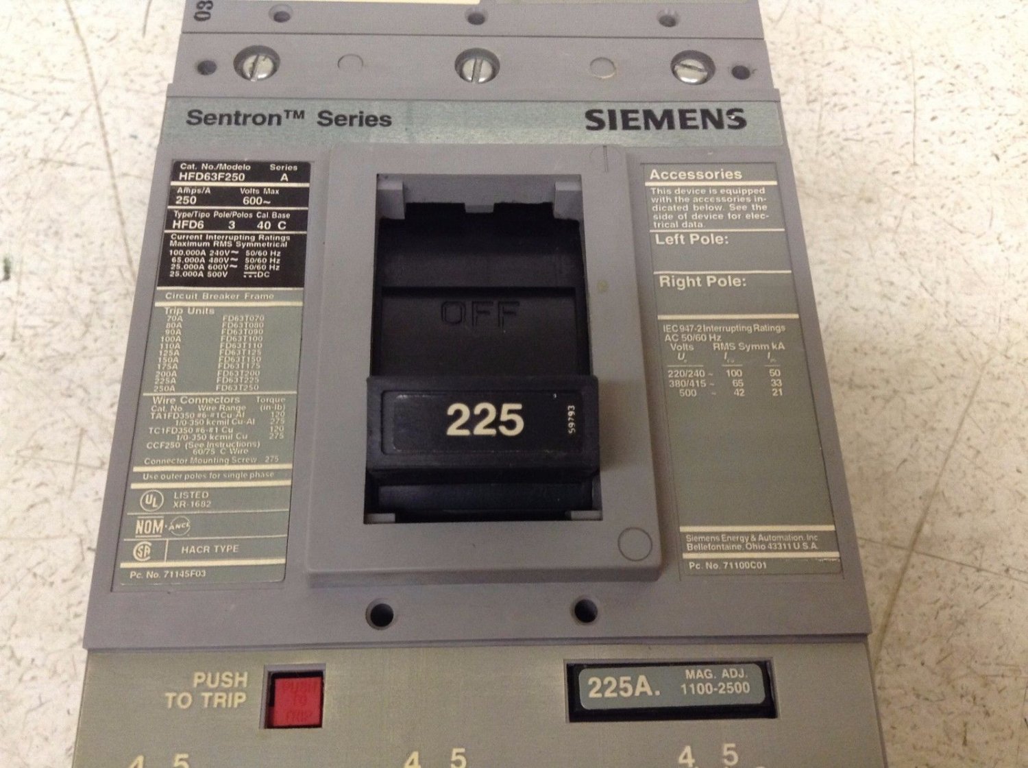 Siemens HFD63F250 250 Amp 600 VAC 3 Pole Circuit Breaker 225 Amp Plug HFD6